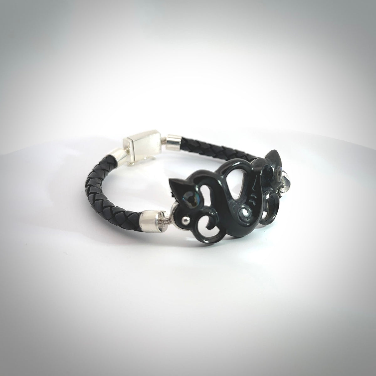 HAND MADE BLACK JADE, LEATHER AND STERLING SILVER PEKAPEKA ARMBAND – NZ ...