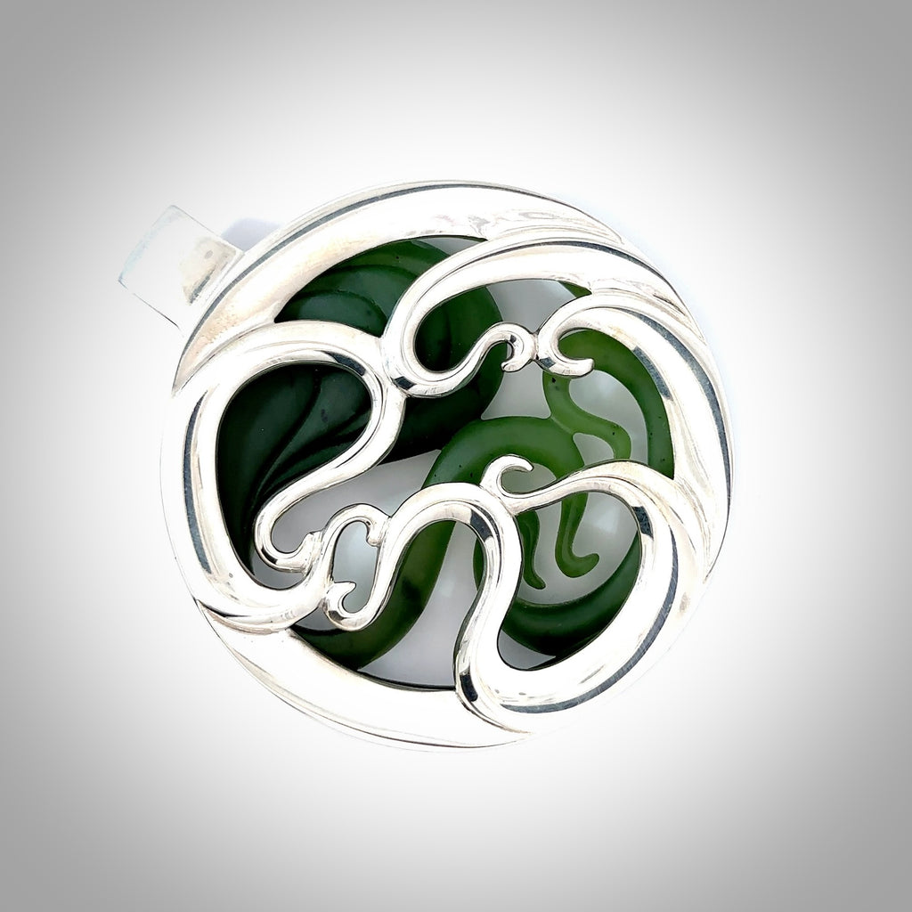 HAND CARVED NEW ZEALAND JADE OCTOPUS PENDANT WITH OPAL EYE AND SILVER ...