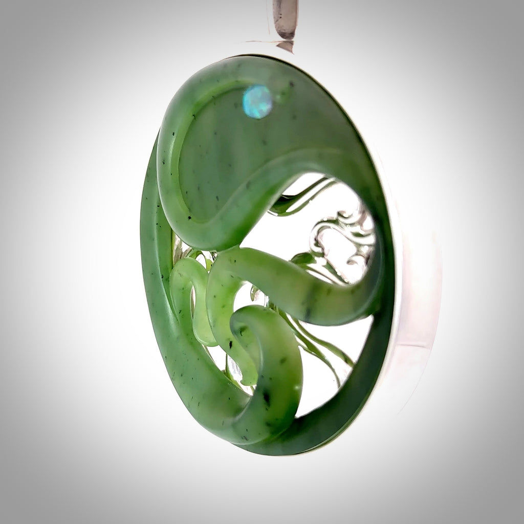 HAND CARVED NEW ZEALAND JADE OCTOPUS PENDANT WITH OPAL EYE AND SILVER ...
