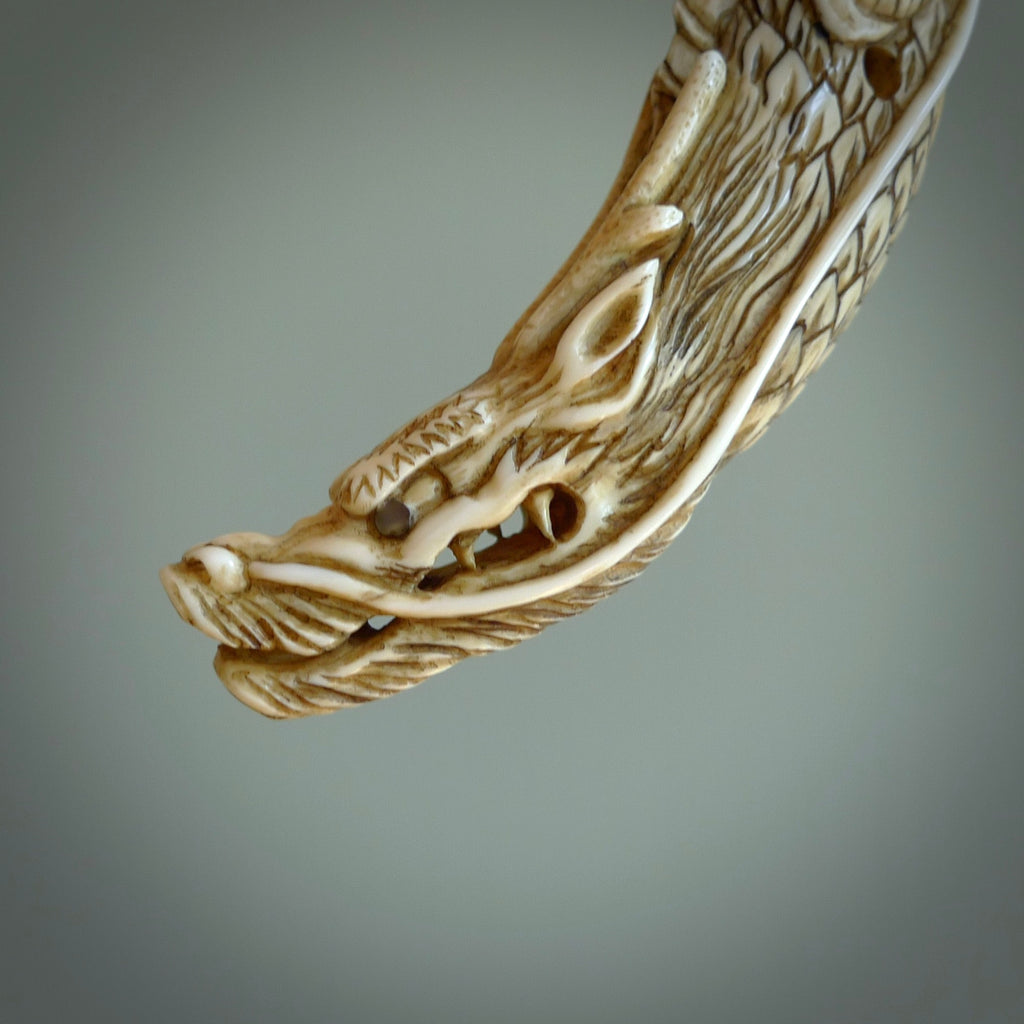 HAND CARVED NEW ZEALAND WARTHOG TUSK DRAGON PENDANT. DRAGON NECKLACE ...
