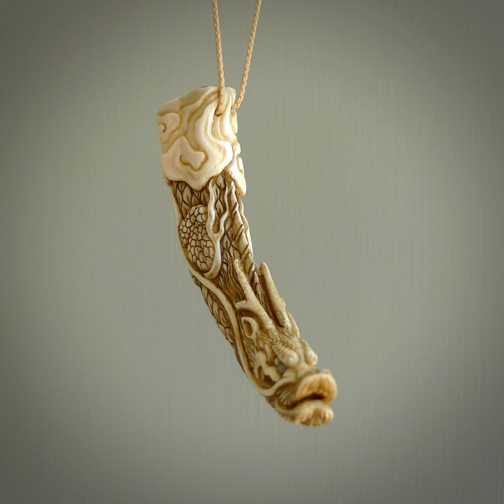 HAND CARVED NEW ZEALAND WARTHOG TUSK DRAGON PENDANT. DRAGON NECKLACE ...
